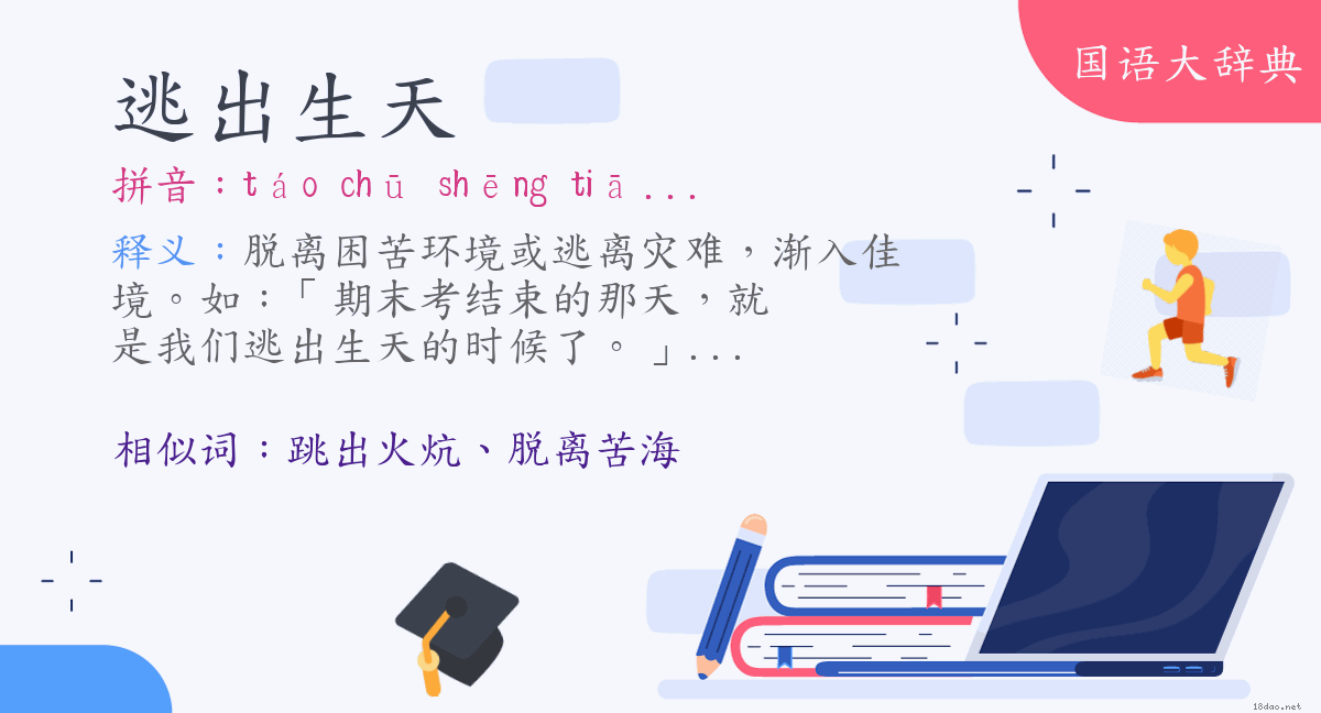 词语逃出生天 注音ㄊㄠˊ ㄔㄨ ㄕㄥ ㄊㄧㄢ 《国语大辞典》📘